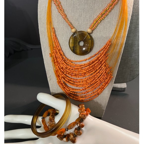 Vintage | Jewelry | Natural Stone Tigers Eye Orange Topaz Wglass Lucite ...